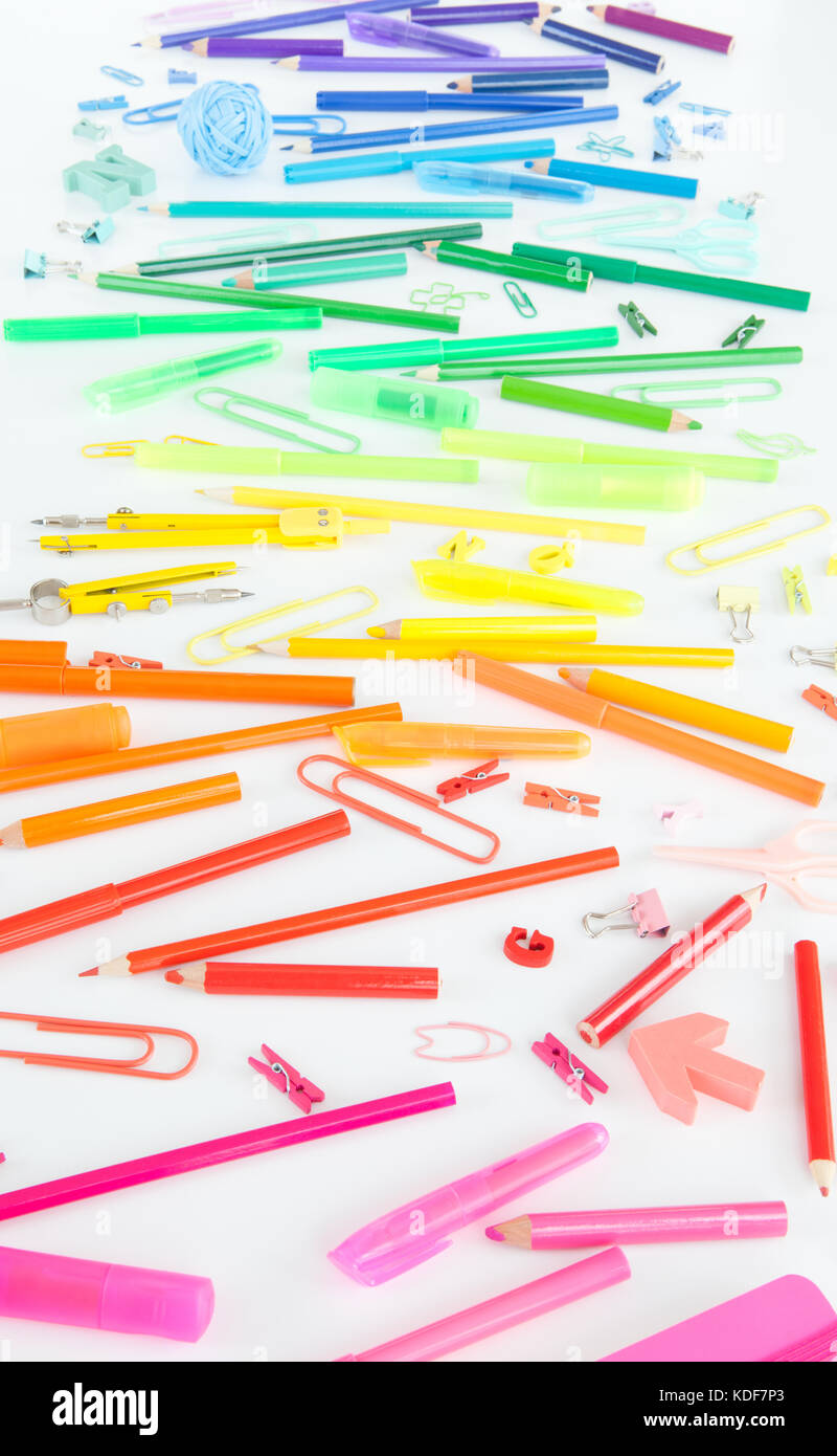 Variety od school supplies in bright rainbow colors Stock Photo - Alamy