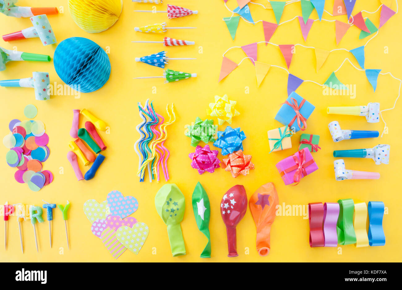 Colorful party props for a brthday party Stock Photo - Alamy