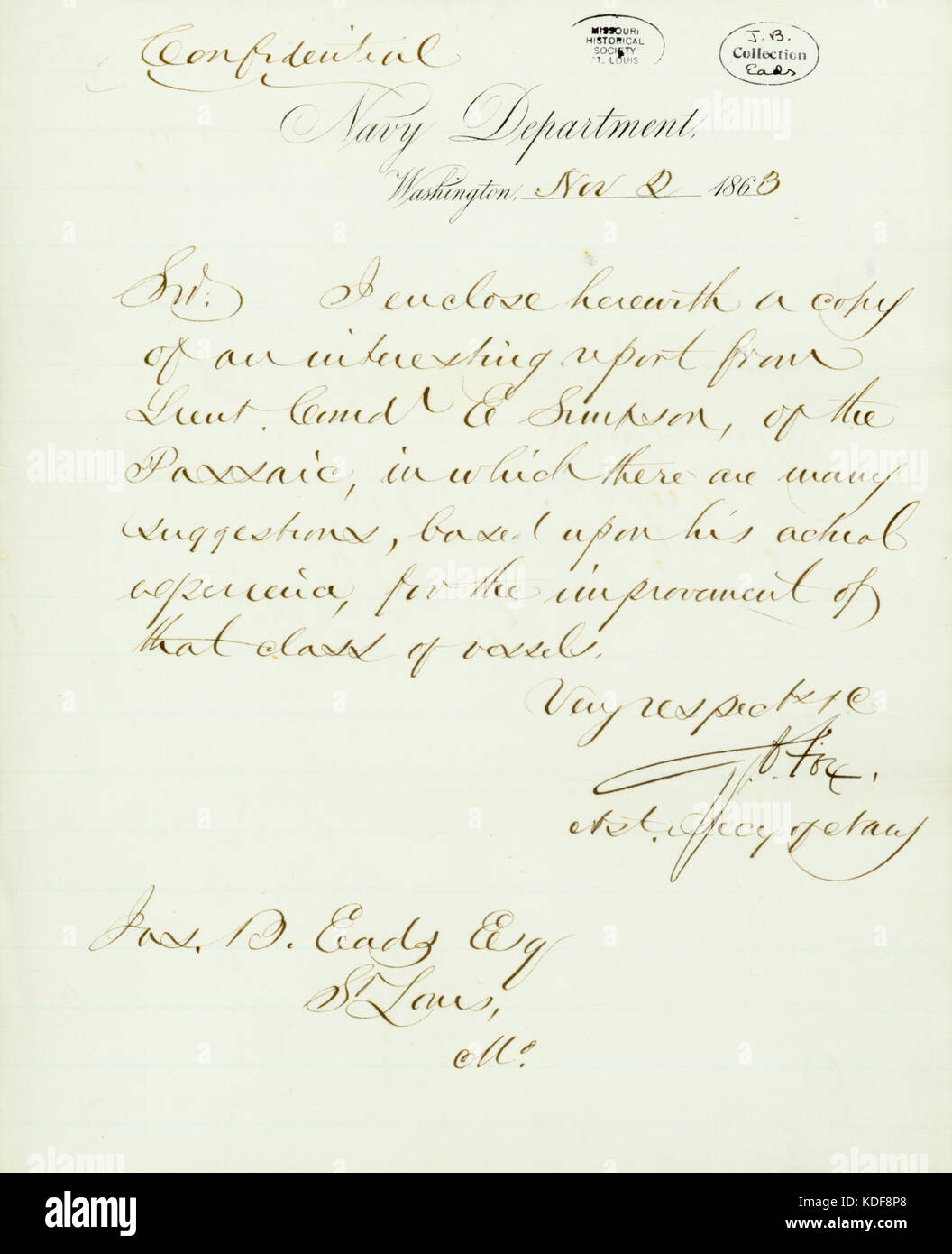 Letter signed G.V. Fox, Navy Department, Washington, to Jas. B. Eads ...