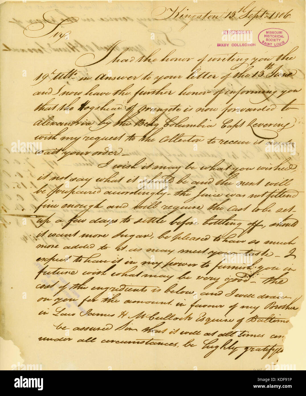 Letter signed Hugh Lennox, Kingston, to Thomas Jefferson, September 13 ...