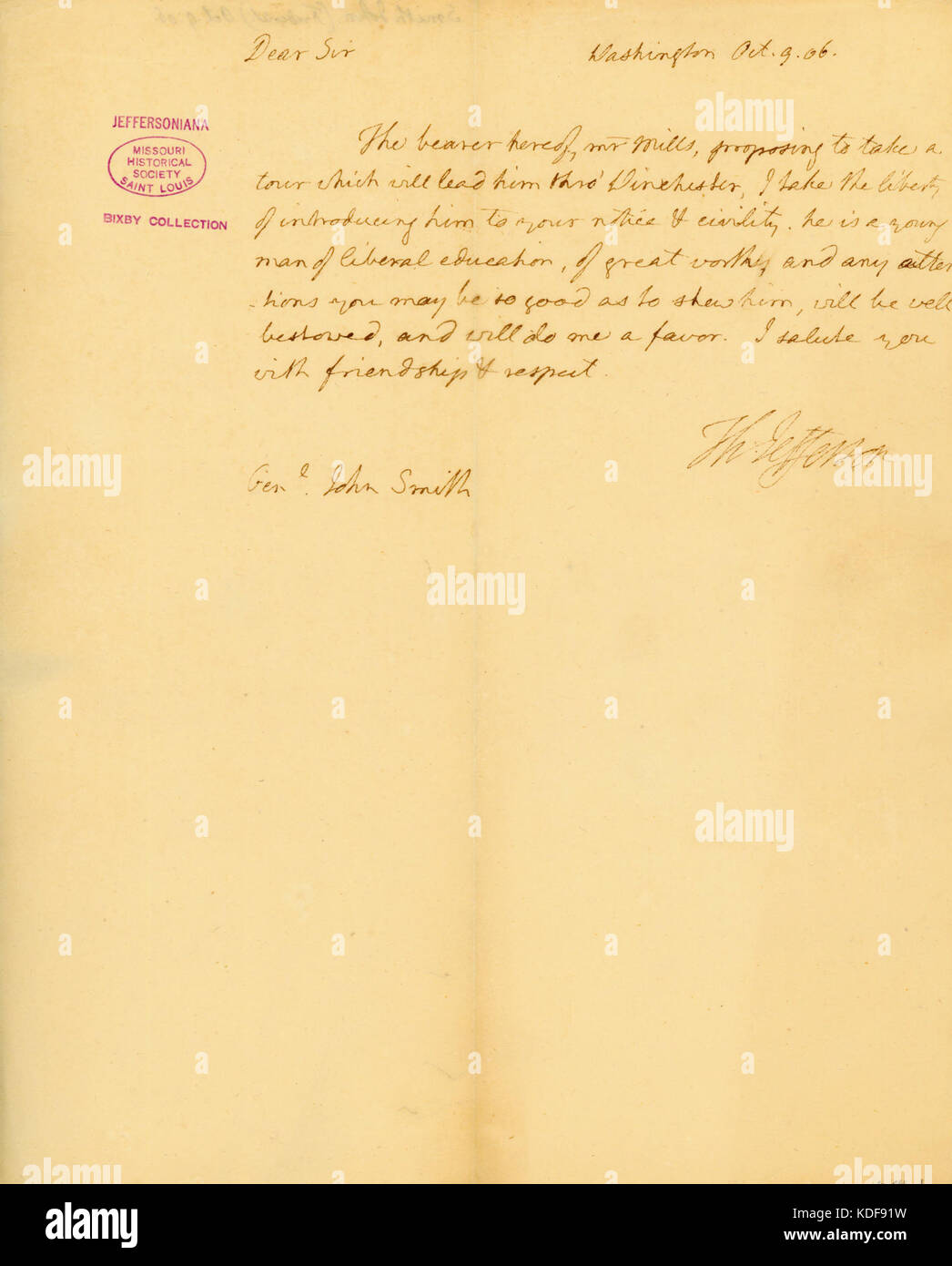 Letter signed Thomas Jefferson, Washington, to Gen. John Smith, October ...