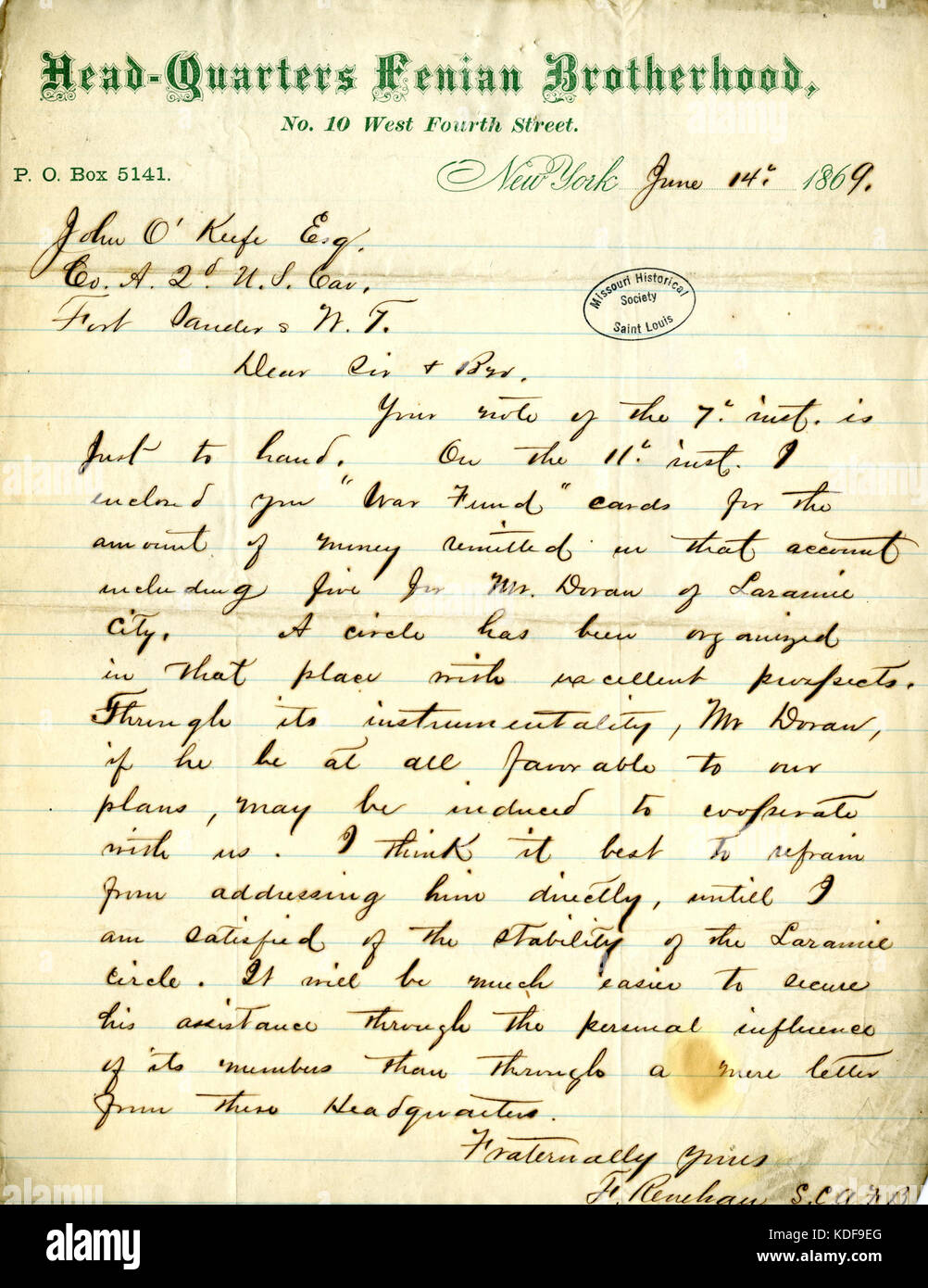 Letter signed F. Renehan, Headquarters, Fenian Brotherhood, New York ...