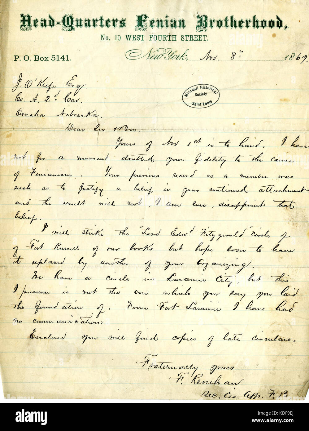 Letter signed F. Renehan, Headquarters, Fenian Brotherhood, New York ...