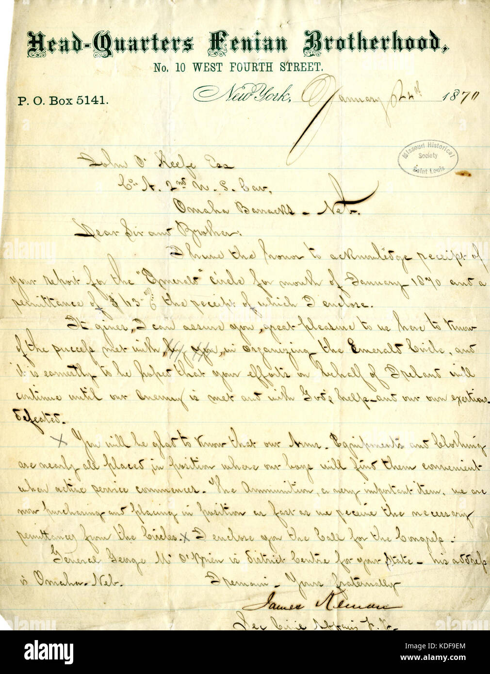Letter signed James Keenan, Headquarters, Fenian Brotherhood, New York ...