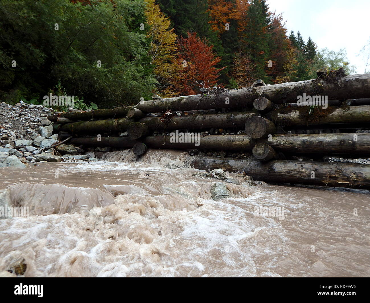 Wooden dam on a mountain river, Traditional structure for floating ...