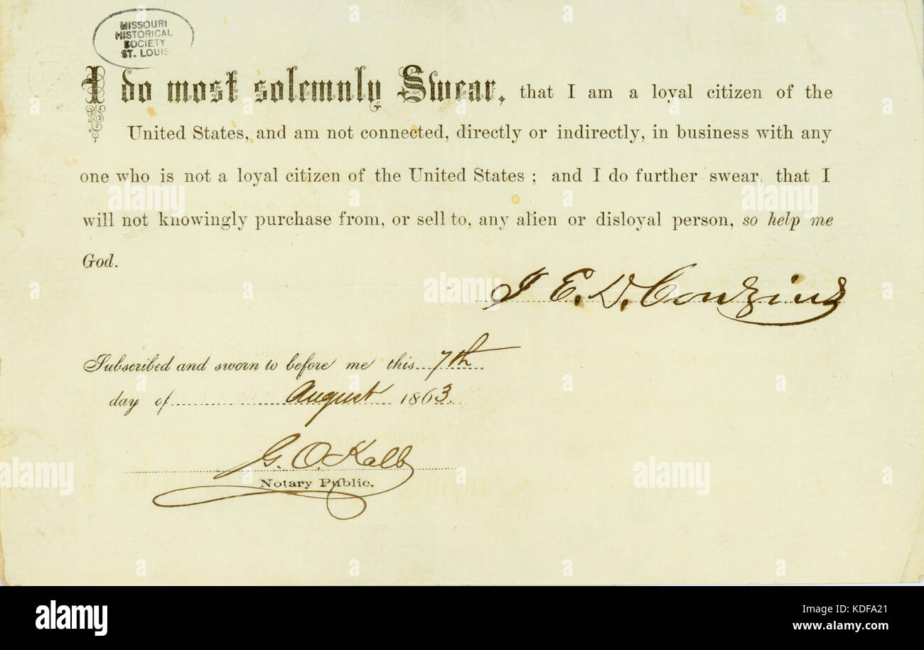 Loyalty oath of J.E.D. Couzins, August 7, 1863 Stock Photo - Alamy