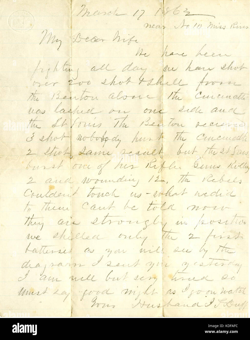 Letter from J. T. Duff, near No. 10 Miss. River, to My Dear Wife, March ...
