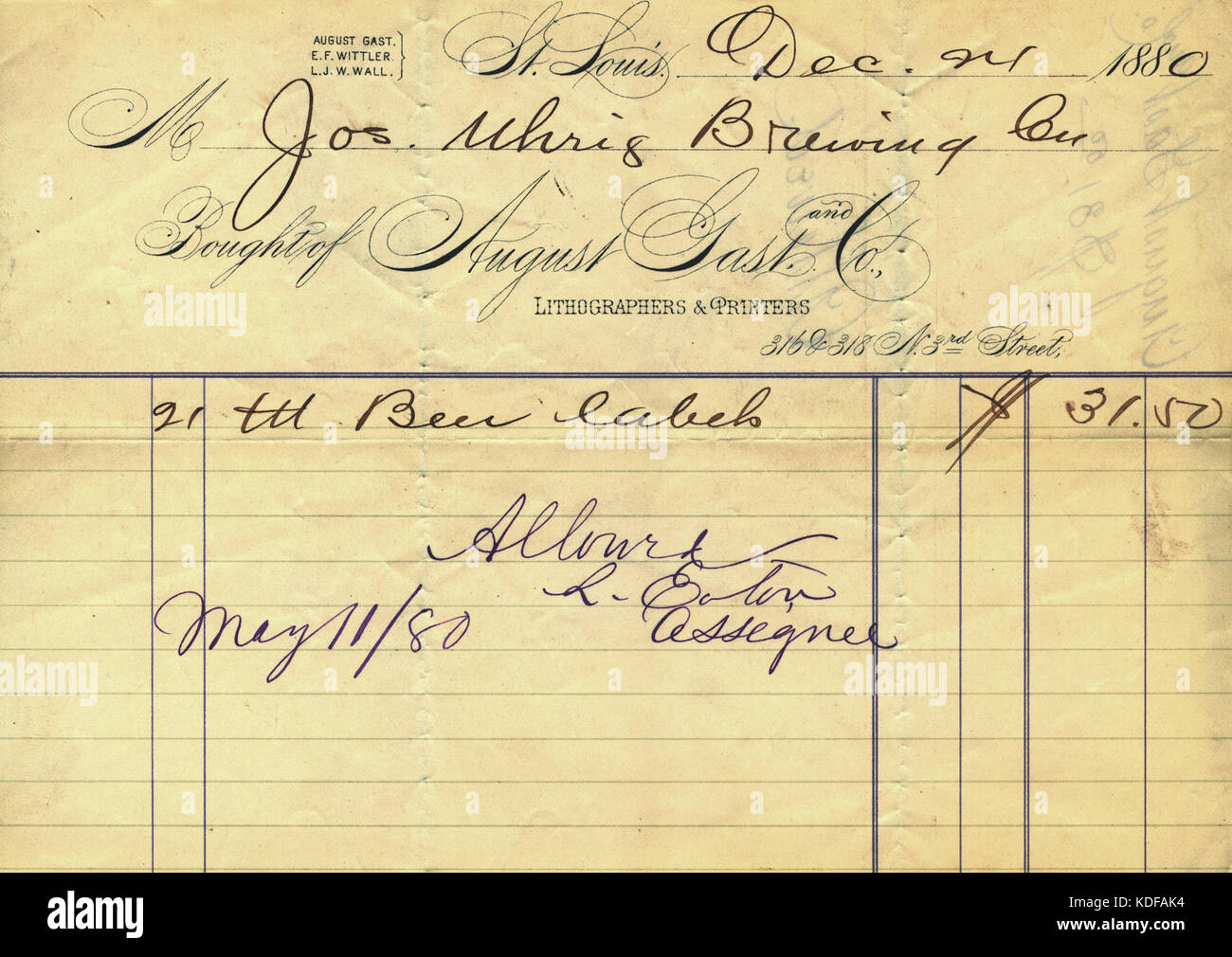 Receipt of August Gast and Company for an order of beer labels ...