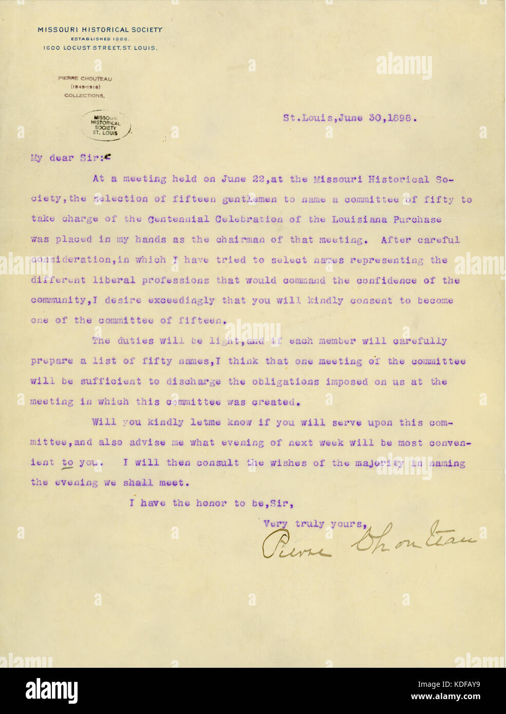 Letter signed Pierre Chouteau, St. Louis, to My Dear Sir, June 30, 1898 ...