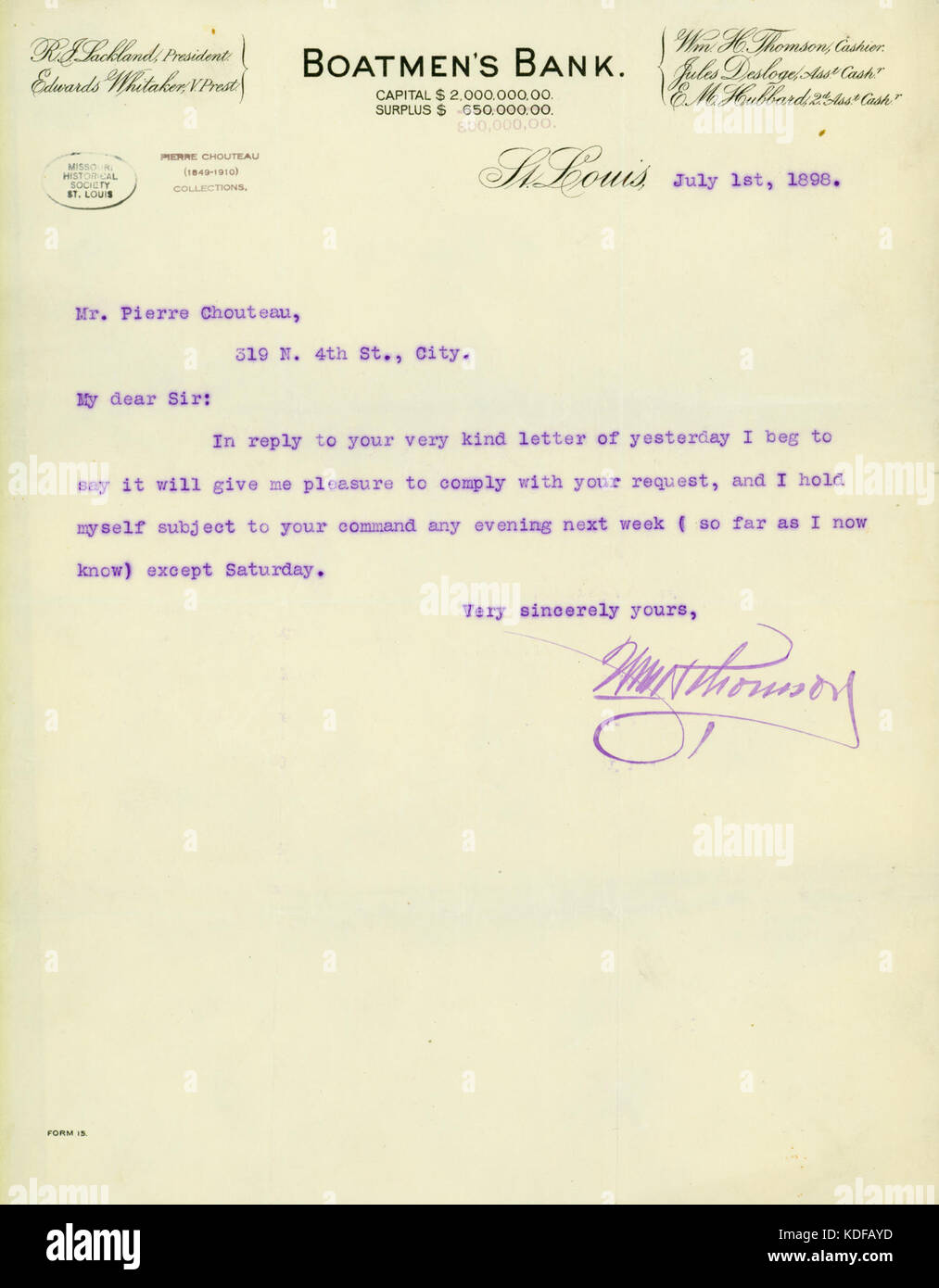 Letter signed Wm. H. Thomson (William H. Thompson), Boatmen's Bank, St ...