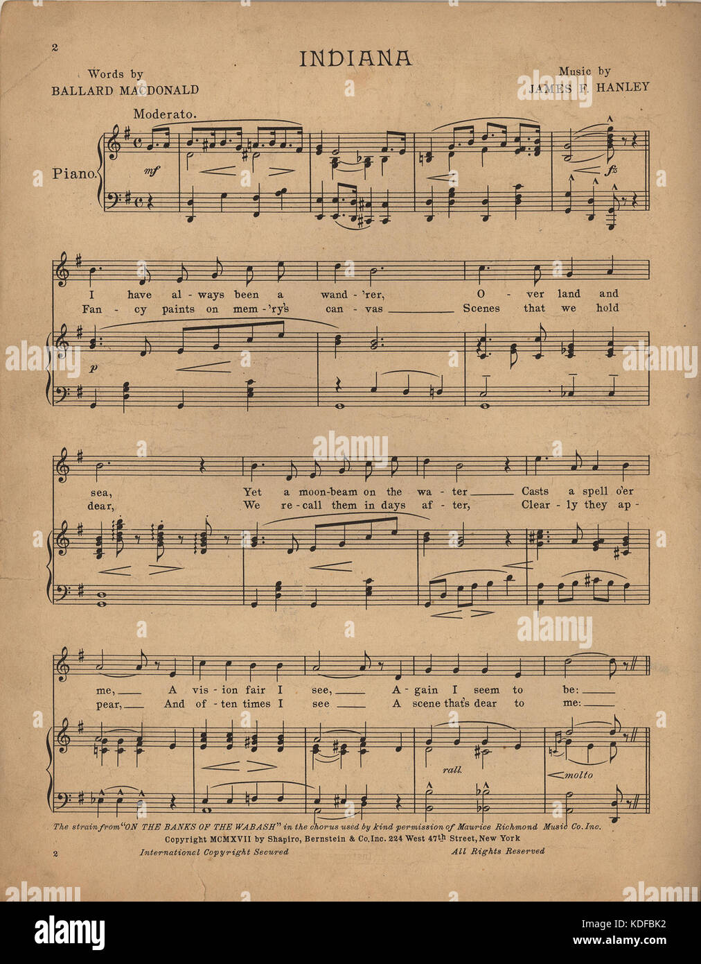 Indiana sheet music 1 Stock Photo - Alamy