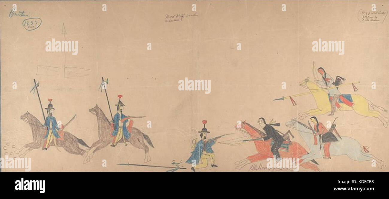 Ledger Drawing Cheyenne warriors fighting Mexican Lancers Stock Photo ...