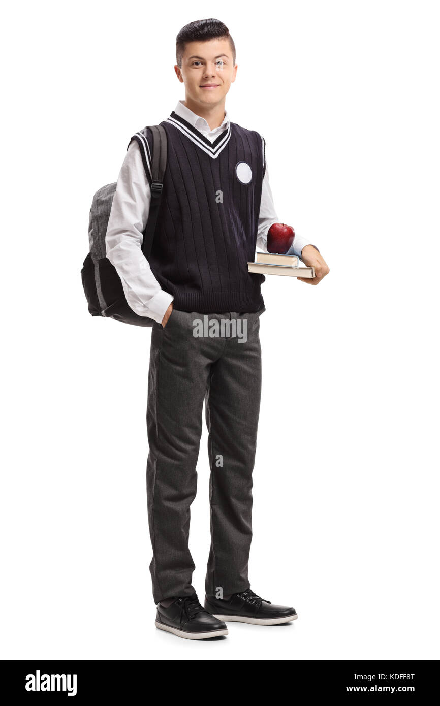 Full length portrait of a teenage student isolated on white background ...