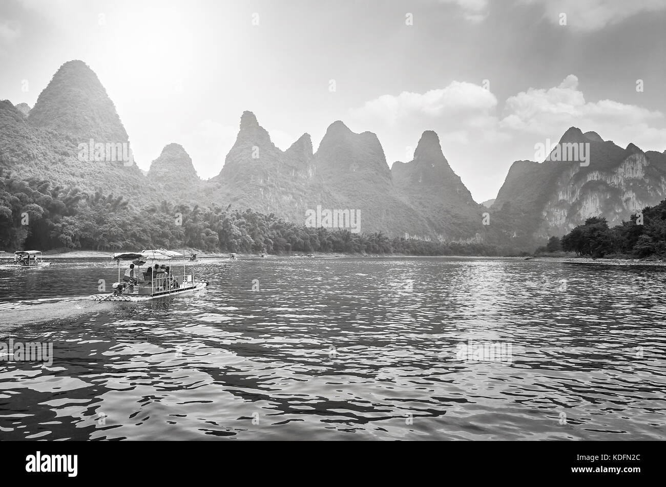 Li River landscape with bamboo rafts from Guilin to Xingping, China ...