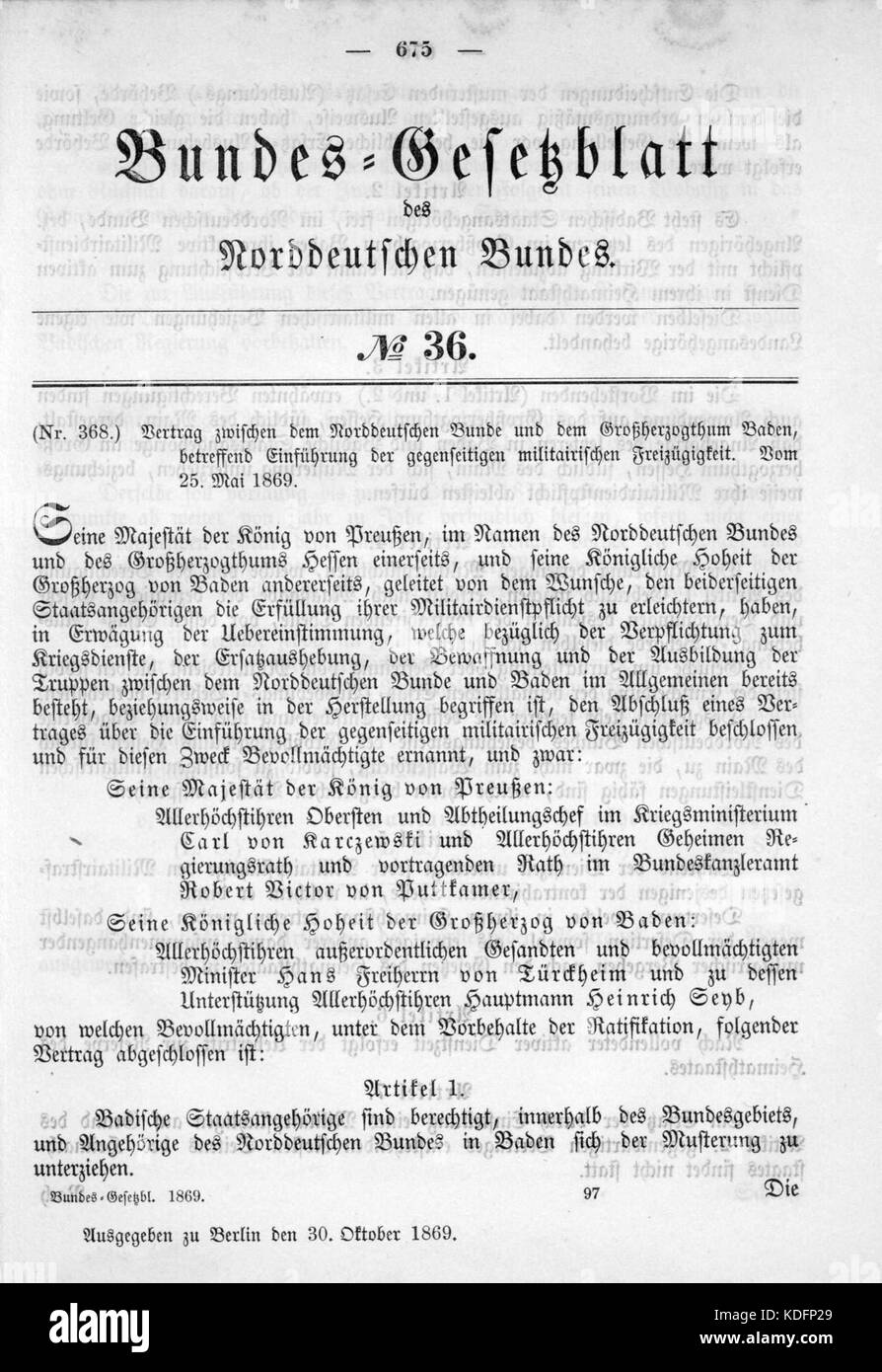 Norddeutsches Bundesgesetzblatt 1869 036 675 Stock Photo - Alamy