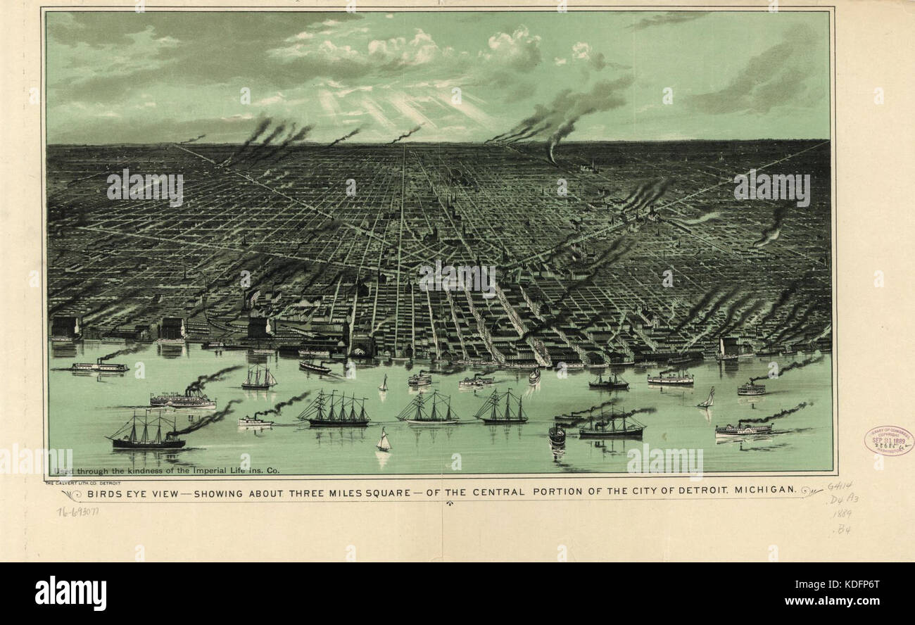 A historical photograph of Detroit, Michigan, taken in 1889. The image ...