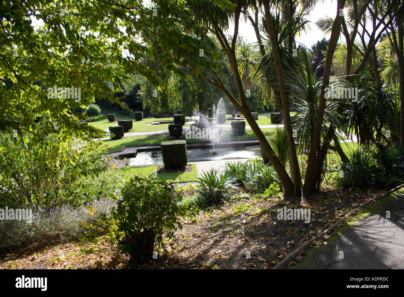 A hidden view of a beautiful garden catching the water fountain in ...