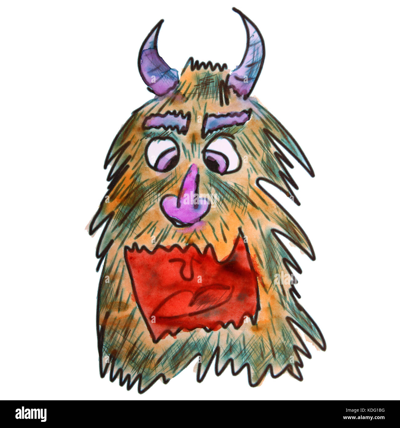 hairy monster with horns yellow watercolor cartoon drawing isolated on ...