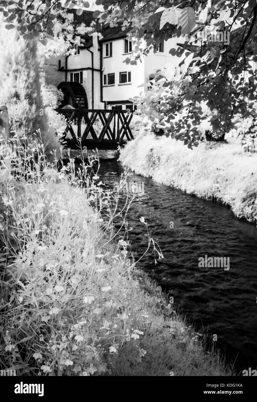 A small mill stream and mill wheel in Exmoor, Somerset shot in infrared ...