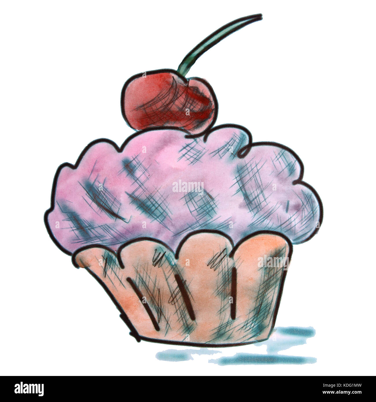 cake with cherry purple watercolor cartoon drawing isolated on white ...