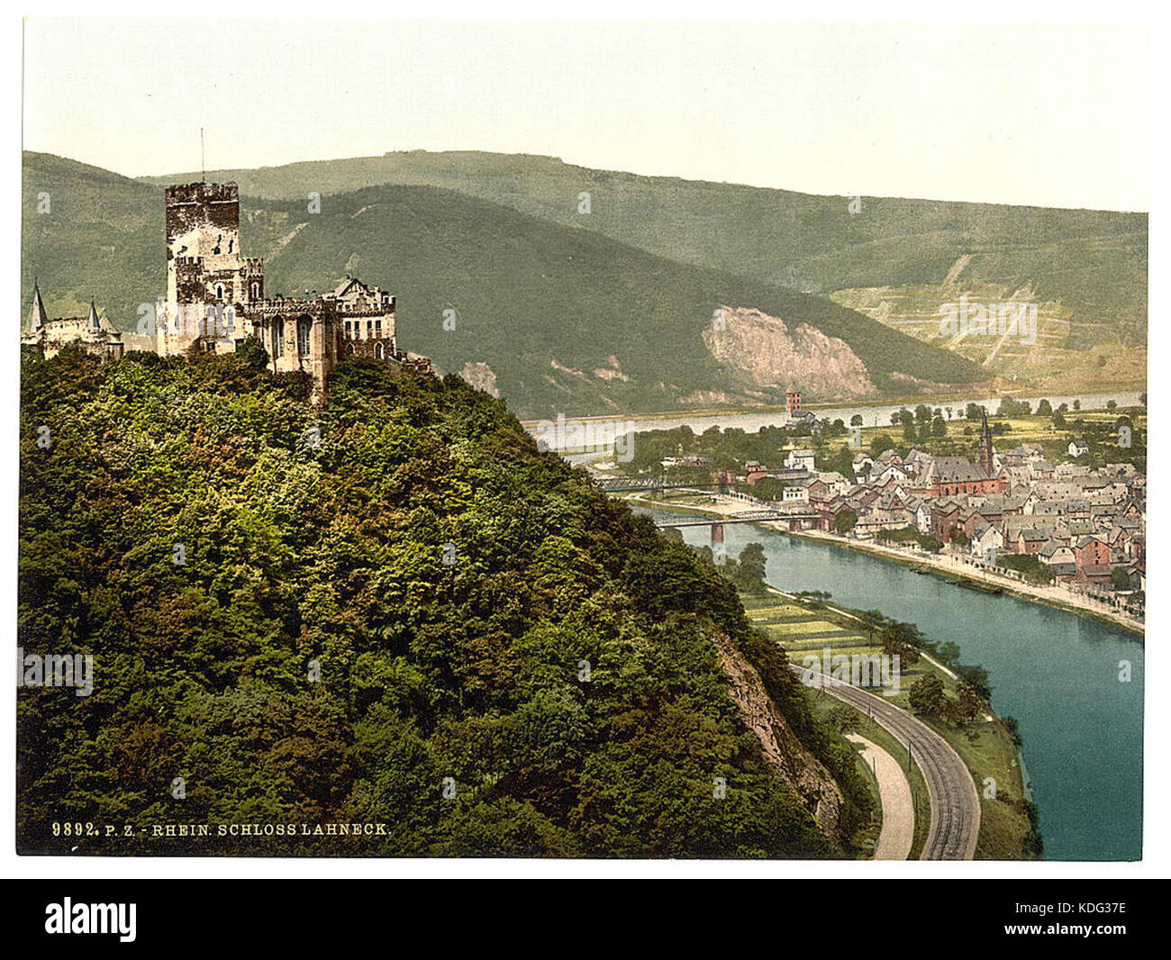 Lahneck Castle is located along the Rhine River in Germany. This ...