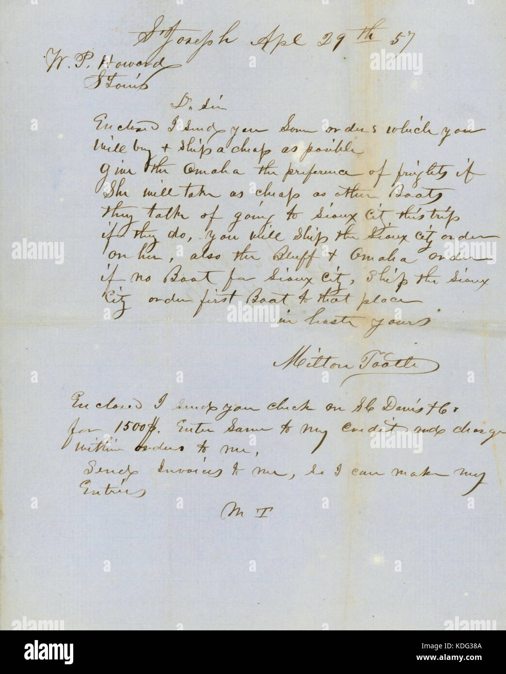 Letter signed Milton Tootle, St. Joseph, to W.P. Howard, St. Louis ...