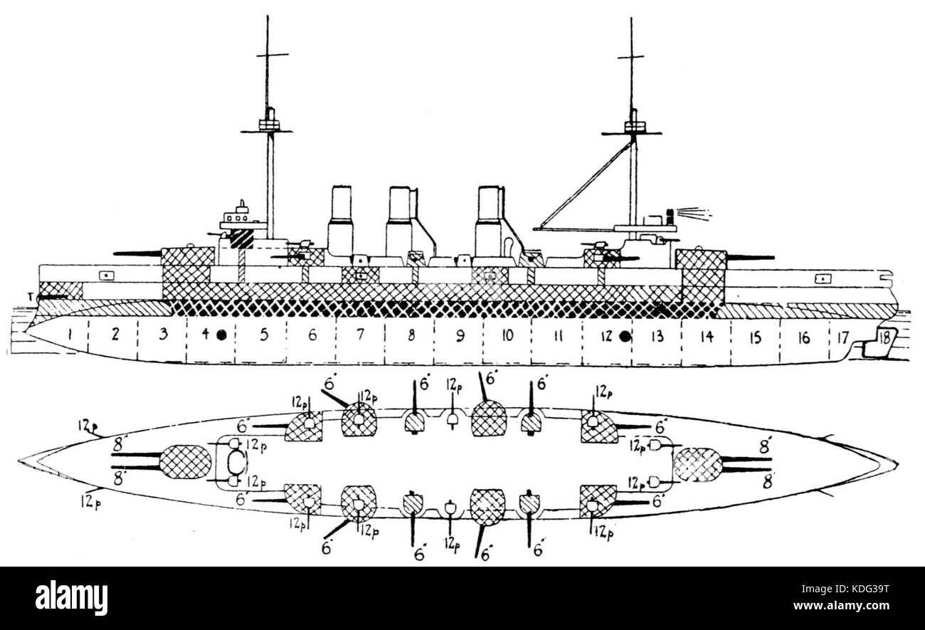 Japanese armored cruiser Azuma left elevation plan Stock Photo - Alamy