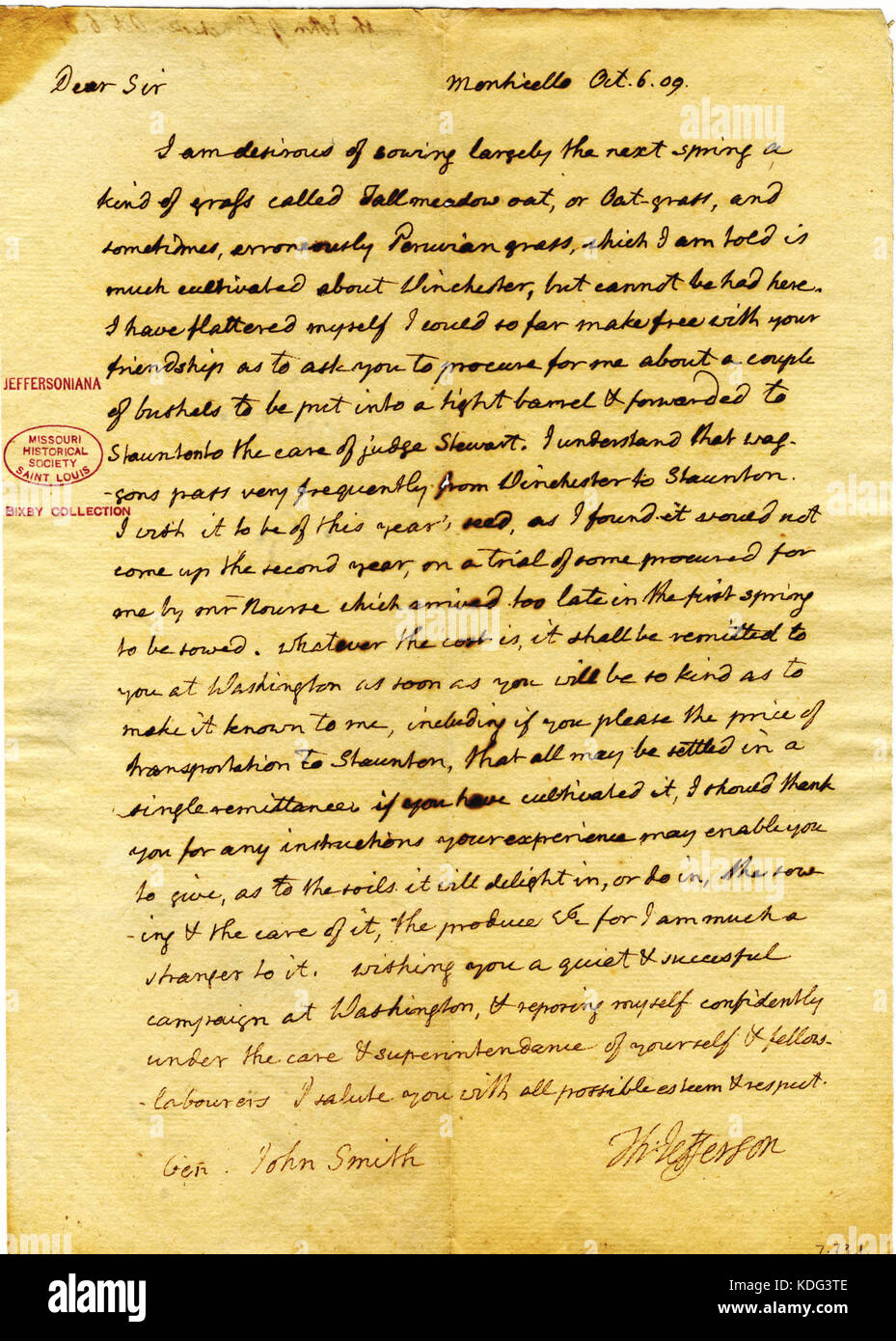 Letter signed Thomas Jefferson, Monticello, to Gen. John Smith, October ...