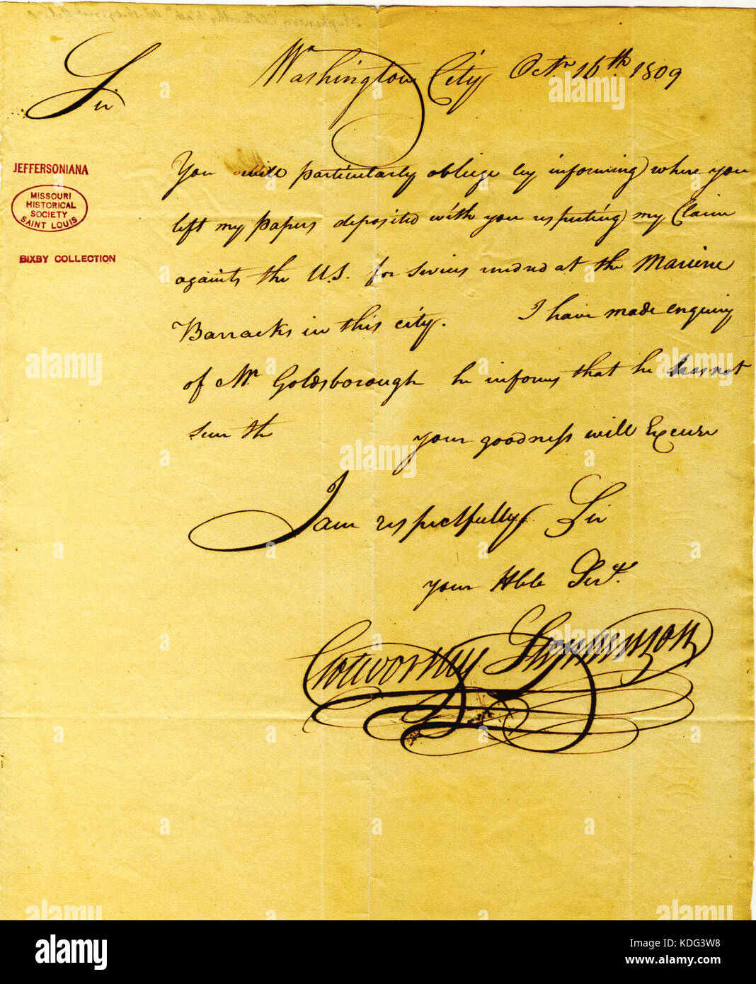 Letter signed Clotworthy Stephenson, Washington City, to Thomas ...