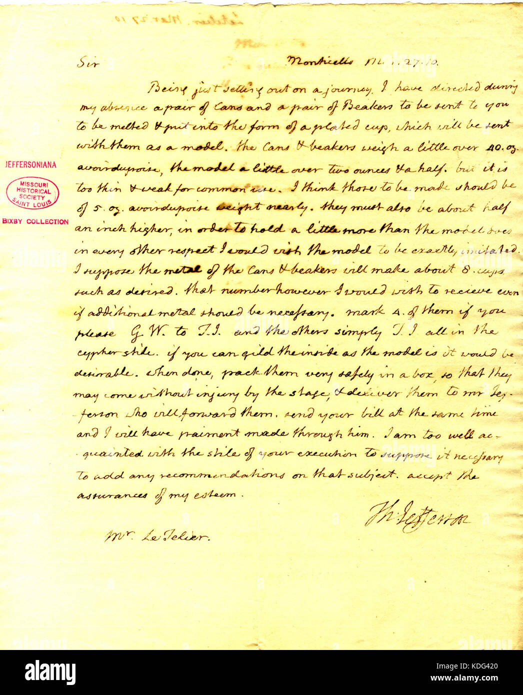 Letter signed Thomas Jefferson to Mr. Letelier, March 27, 1810 Stock ...