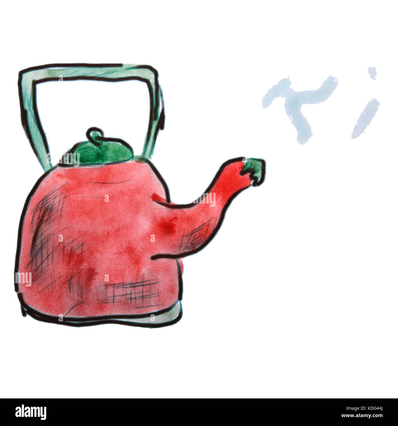 watercolor cartoon drawing red kettle isolated on white background ...