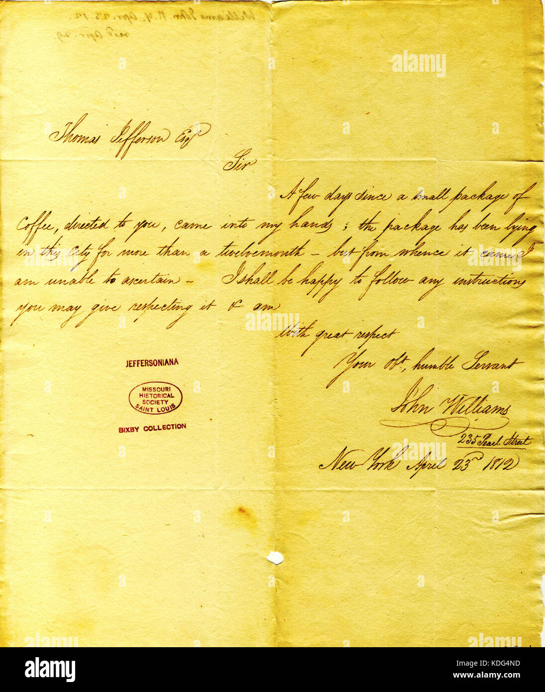Letter signed John Williams, New York, to Thomas Jefferson, April 23 ...