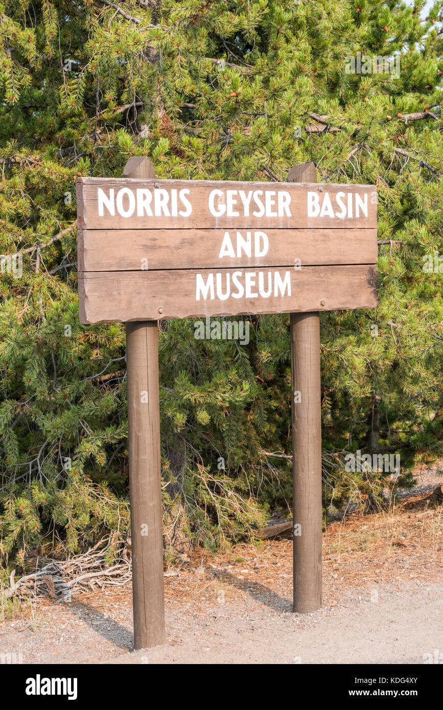 Sign-boards at Norris Geyser Basin in West Yellowstone National Park ...