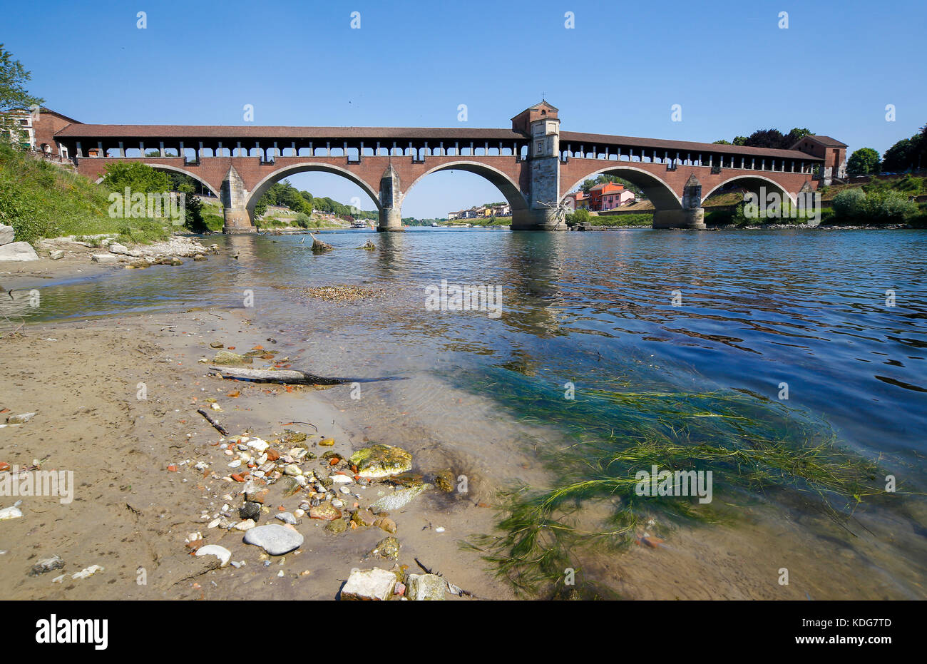 Pavia galleried bridge over the river Ticino in Lombardy, Italy Stock ...