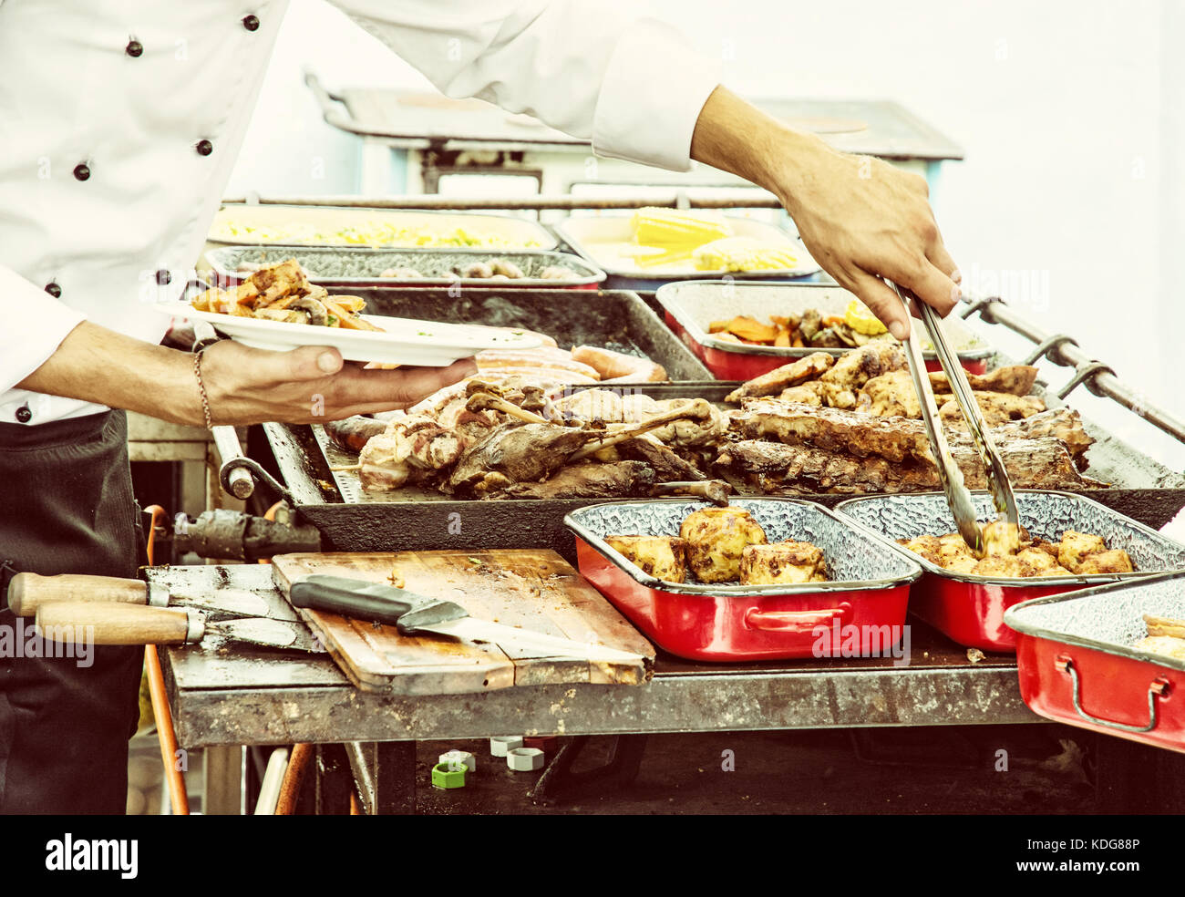 Masterchef serves grilled meat. Detail food and hands scene. Feast ...