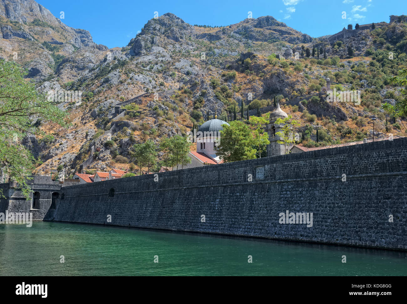Montenegro, Kotor, View of the wall of the Old City and the Church of ...