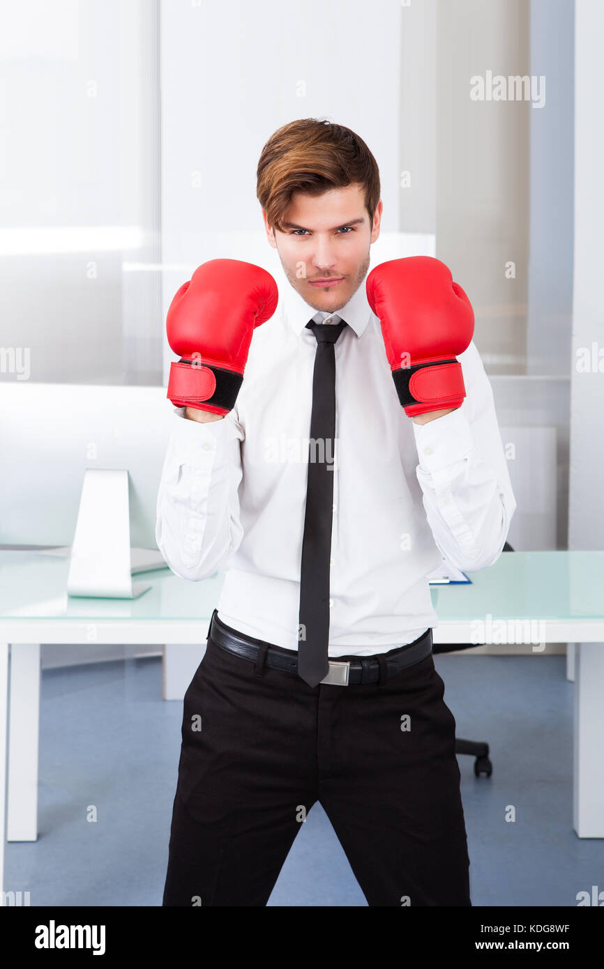 Young Businessman Wearing Red Boxing Gloves At Workplace Stock Photo ...