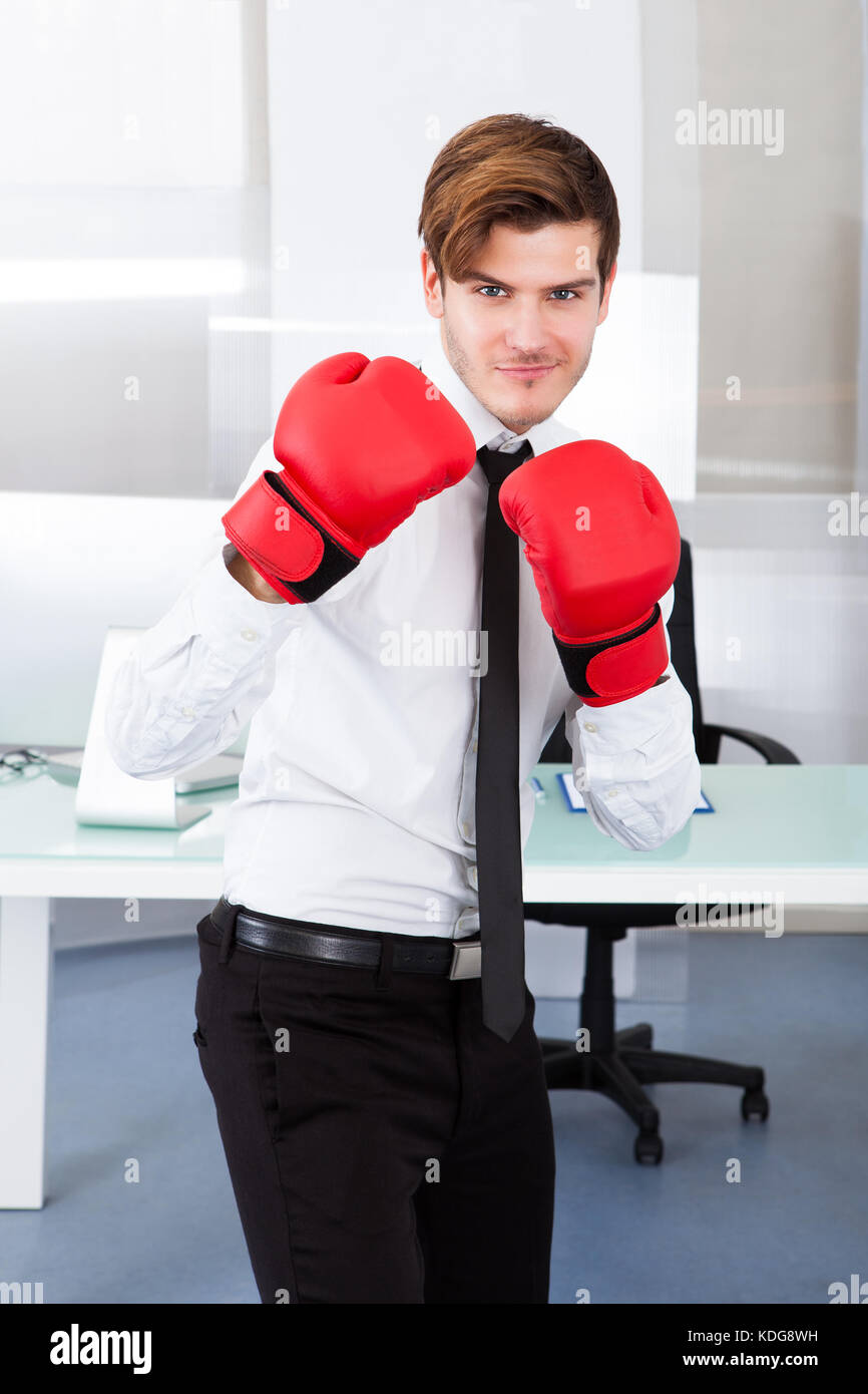 Young Businessman Wearing Red Boxing Gloves At Workplace Stock Photo ...