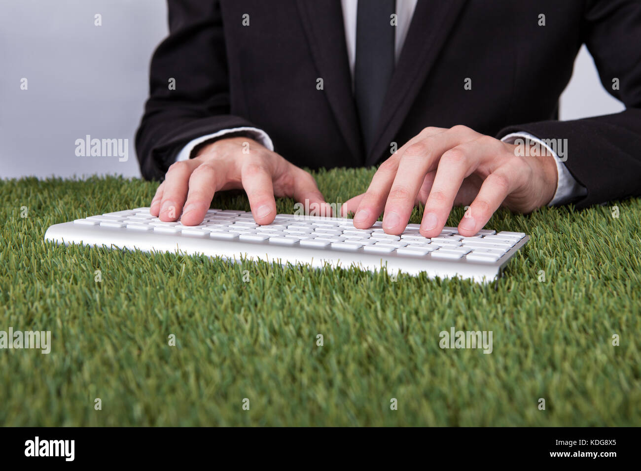 Close-up Of A Businessman Using Computer Keyboard Over Grass Stock ...