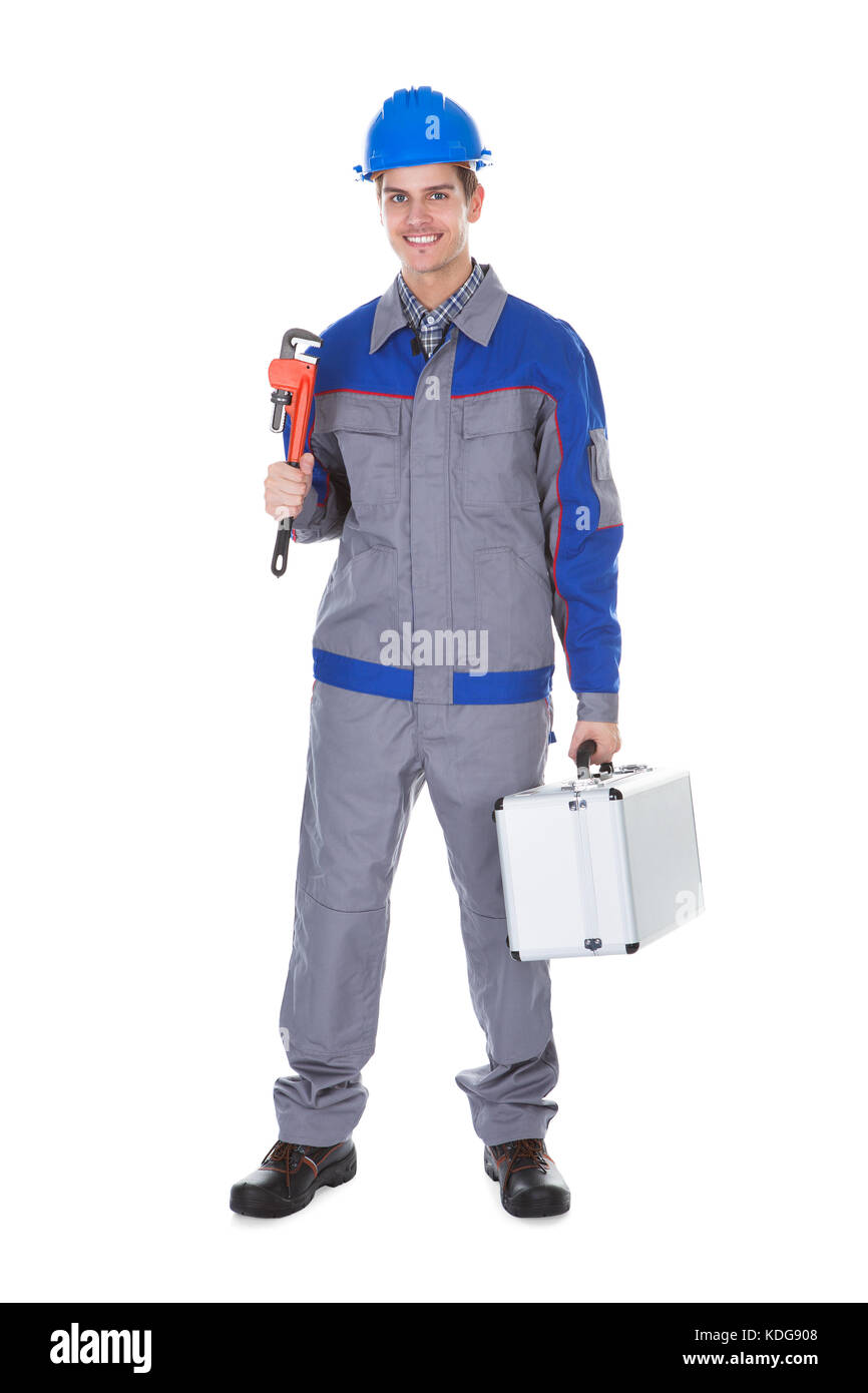 Portrait Of Male Worker Holding Wrench And Toolkit On White Background ...