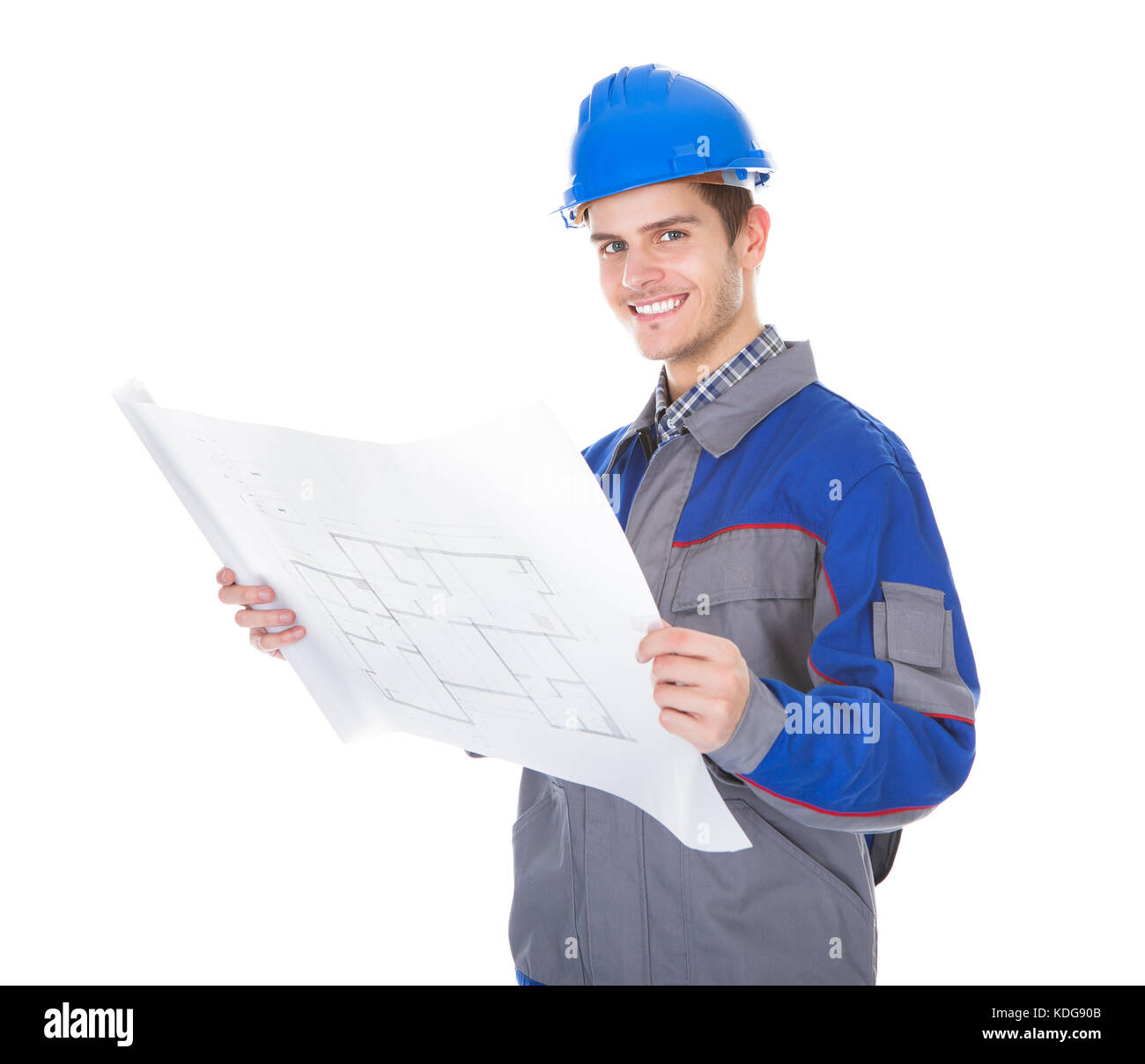 Portrait Of A Male Happy Architect Holding Blueprint On White ...