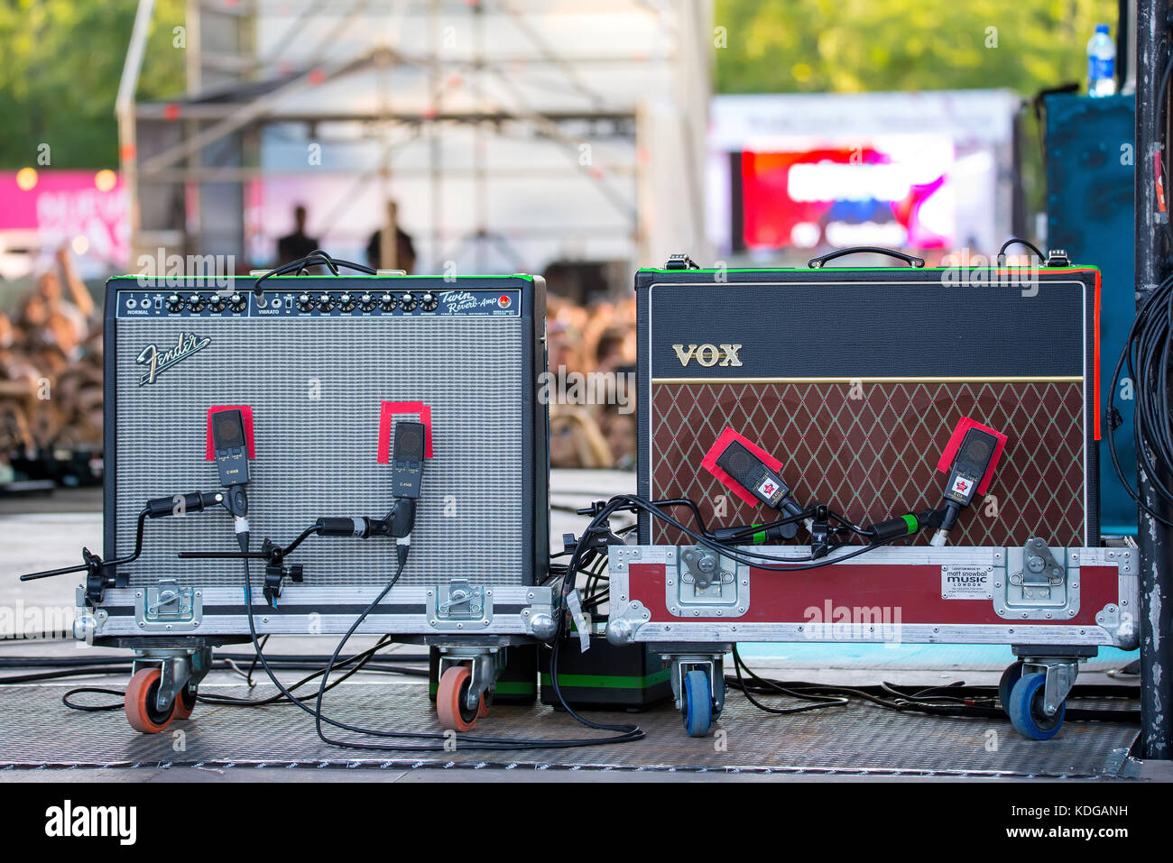 MADRID - SEP 9: Fender and Vox guitar amplifiers on stage at Dcode ...