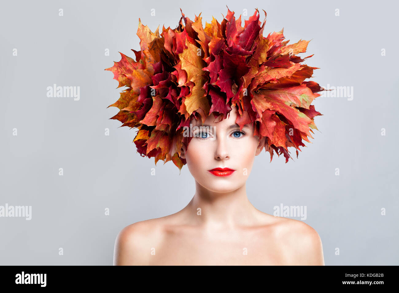Beautiful Woman Fashion Model with Bright Autumn Leaves. Autumn Beauty ...
