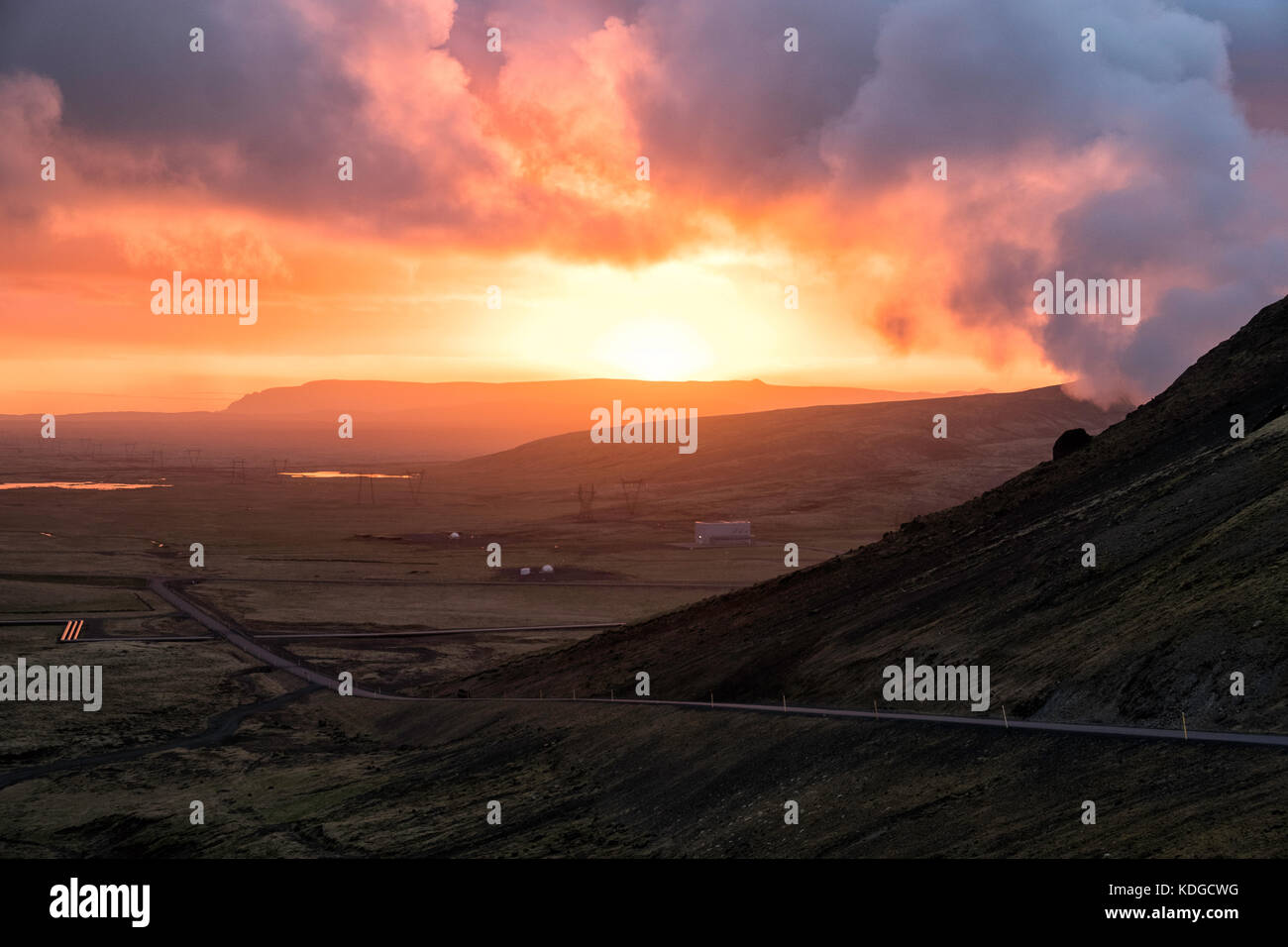 Sunset over Reykjavik, shot from Hellisheidi in the mountains above ...