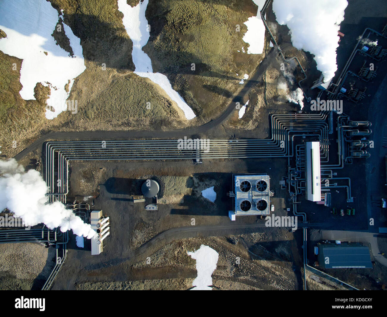 Aerial photograph of Hellisheidi geothermal powerplant in iceland, shot ...