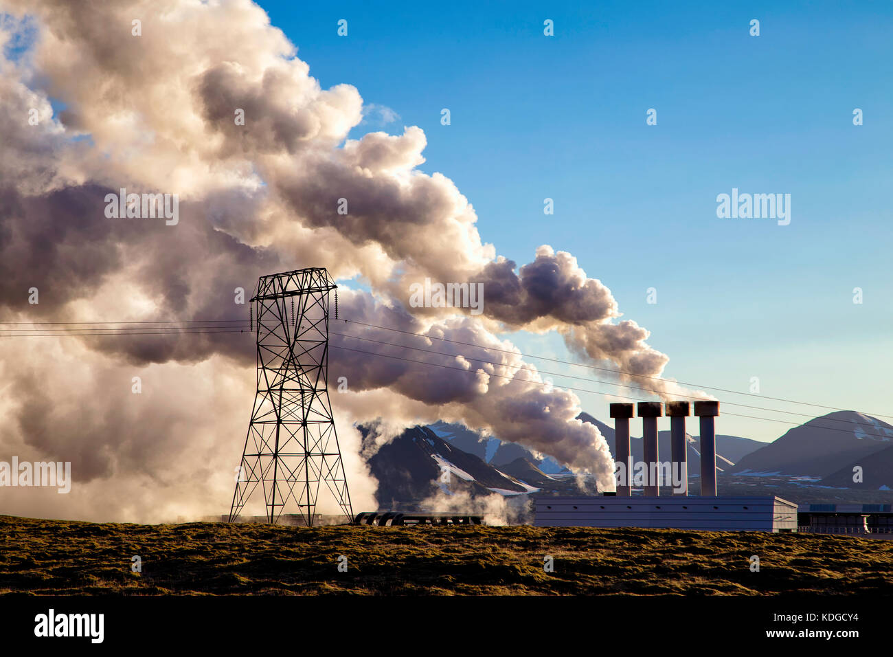 Geothermal power plant in Icelandic landscape shot at sunset with power ...