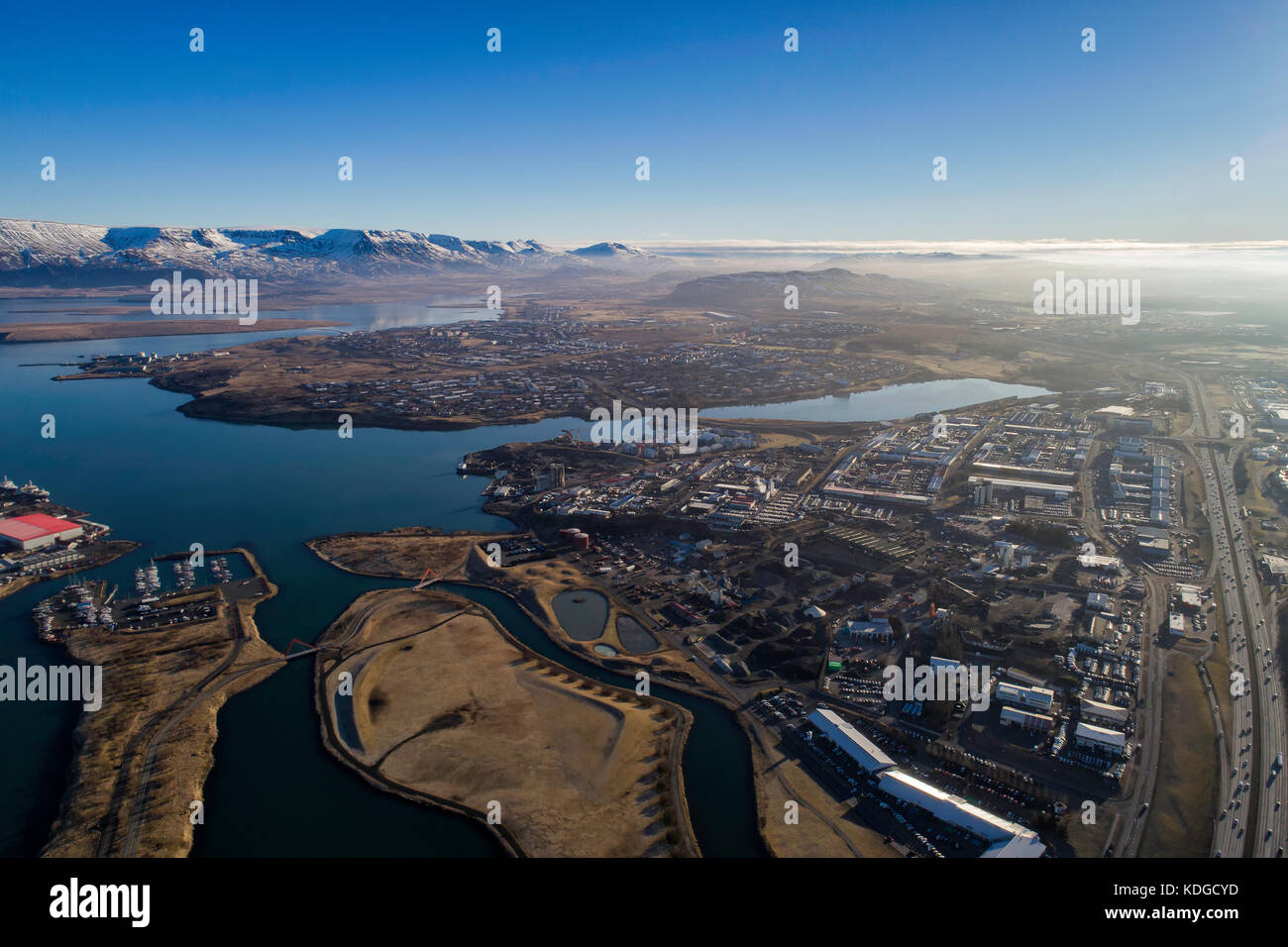 Aerial of Reykjavik city, overlooking Grafarvogur and the hofdi ...