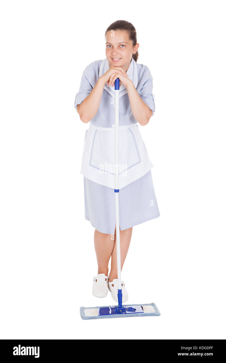 Young Maid Cleaning Floor With Mop on white background Stock Photo - Alamy