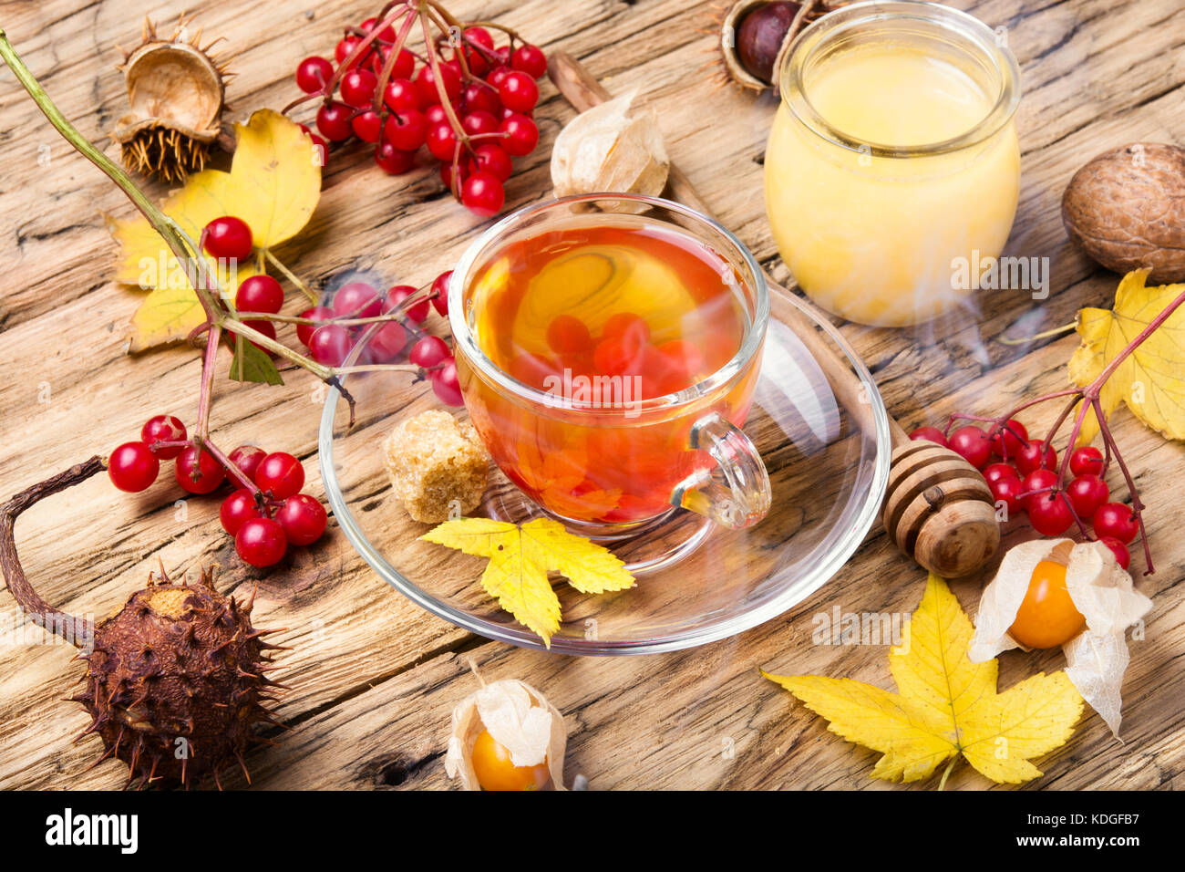 cup of berry tea with a mulberry on background with autumn leaves Stock ...