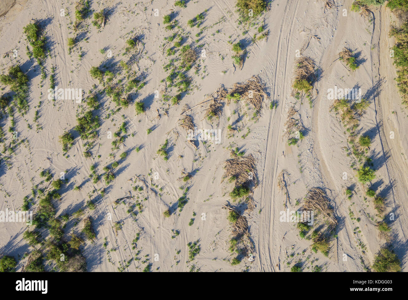 Tracks through a sandy desert wash mark the path of an offroad trail ...